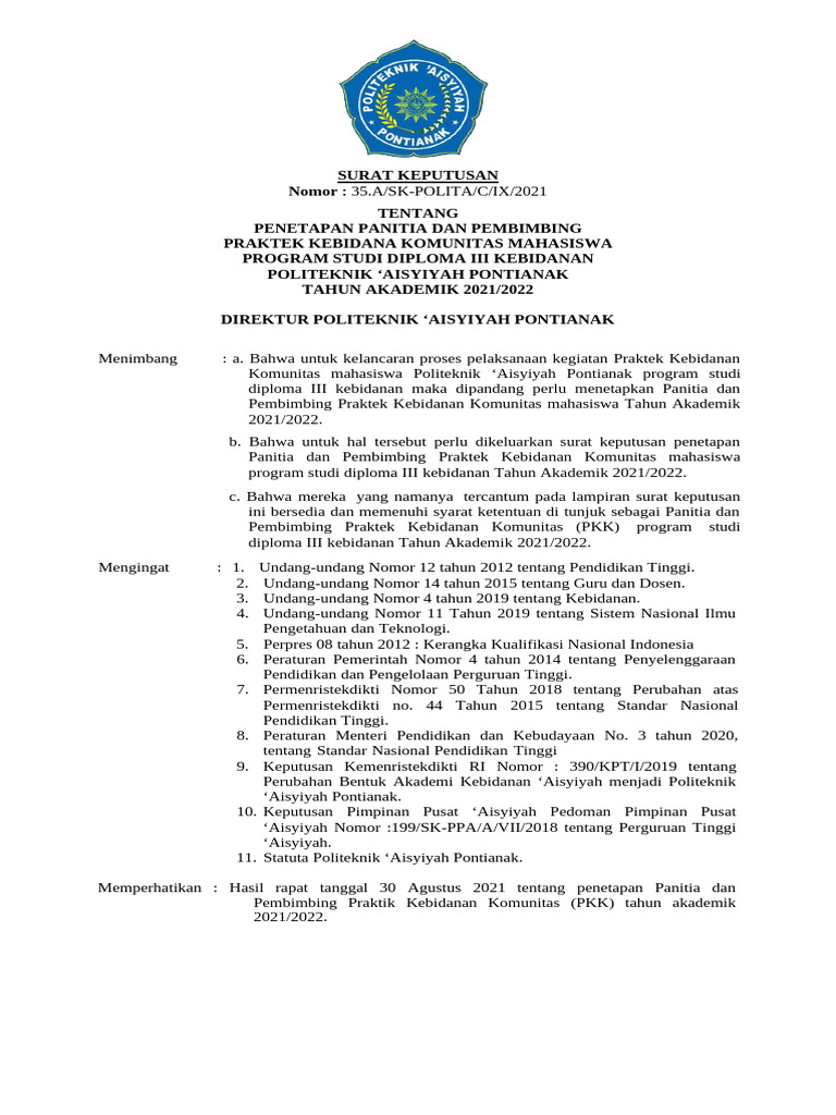 SK PKK PANITIA DAN PEMBIMBING Sep 2021-2022 | PDF