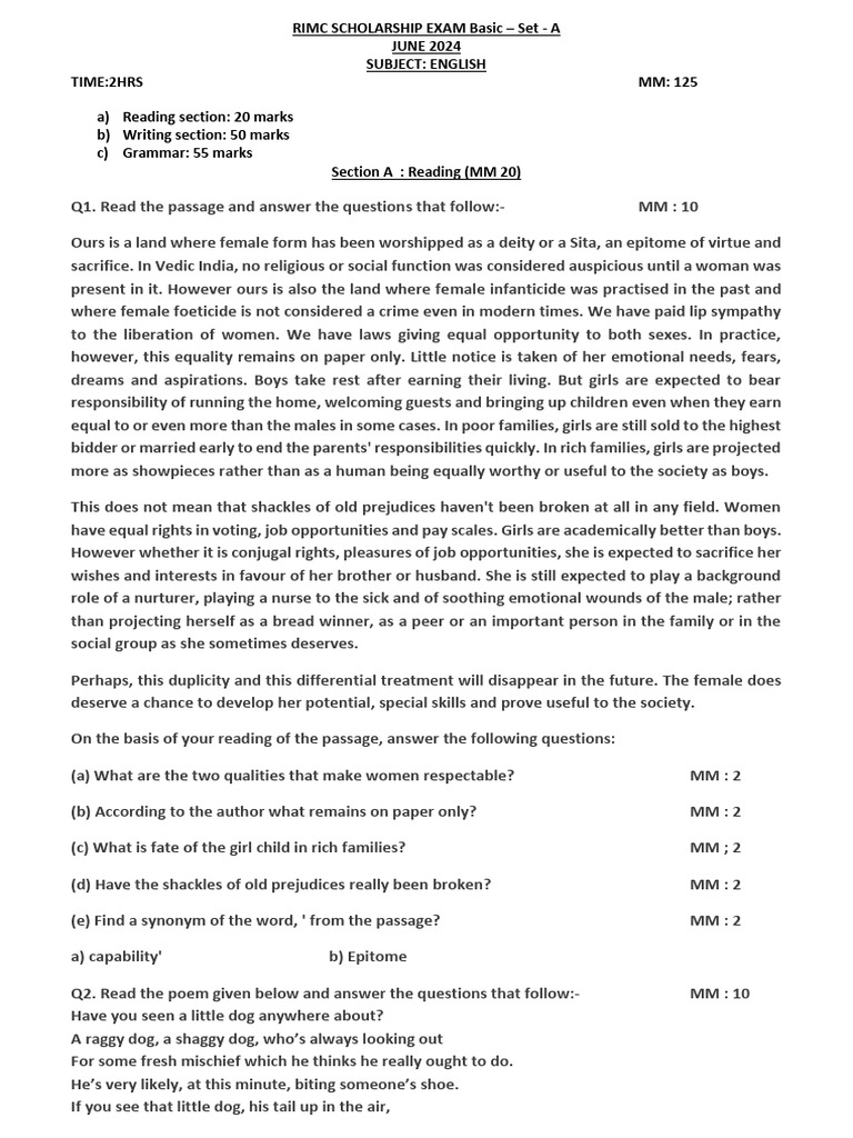 RIMC ENGLISH Question Paper | PDF | Planets | Solar System