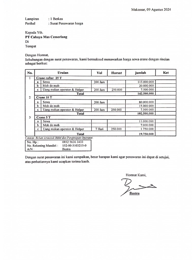 Surat Penawaran Harga Sewa Crane | PDF