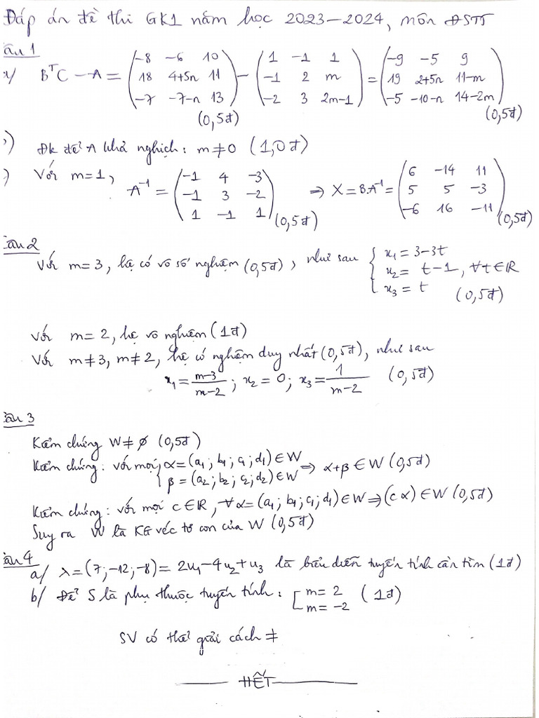 Dap An de Thi GK1 Nam Hoc 2023 2024 Mon DSTT | PDF
