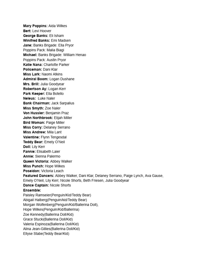 Mary Poppins Cast List | PDF