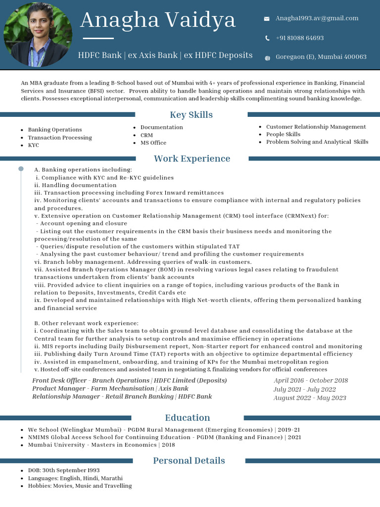 Anagha Vaidya - Resume (3) | PDF | Banks | Customer Relationship Management