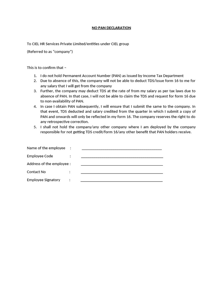 No Pan Declaration | PDF