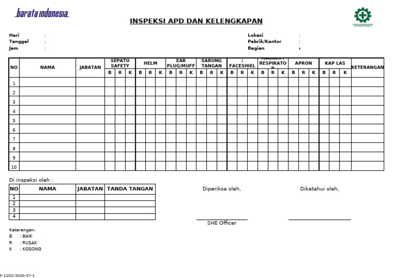 Form Inspeksi APD F-1202/2020-57-1 | PDF