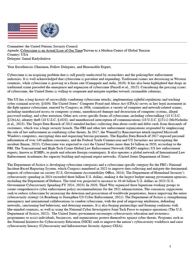 Position Paper - USA - UNSC - Samal K | PDF | Cybercrime | Security
