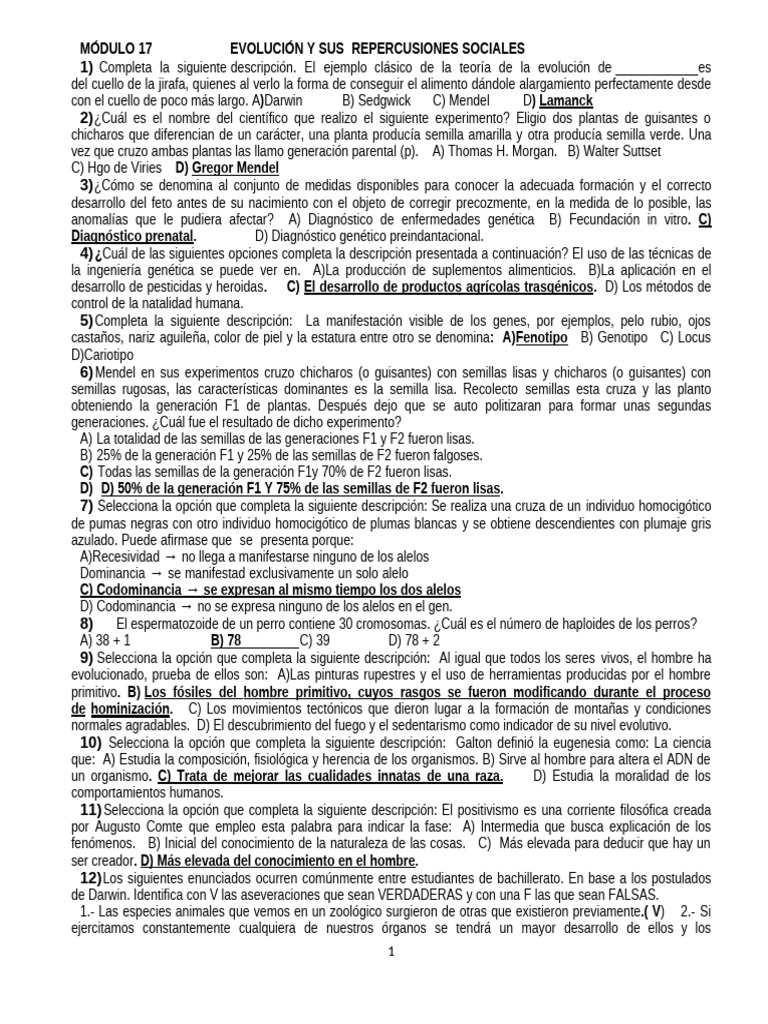 Eval. Modulo 17 - Completa | PDF | Evolución | Dominancia (Genética)