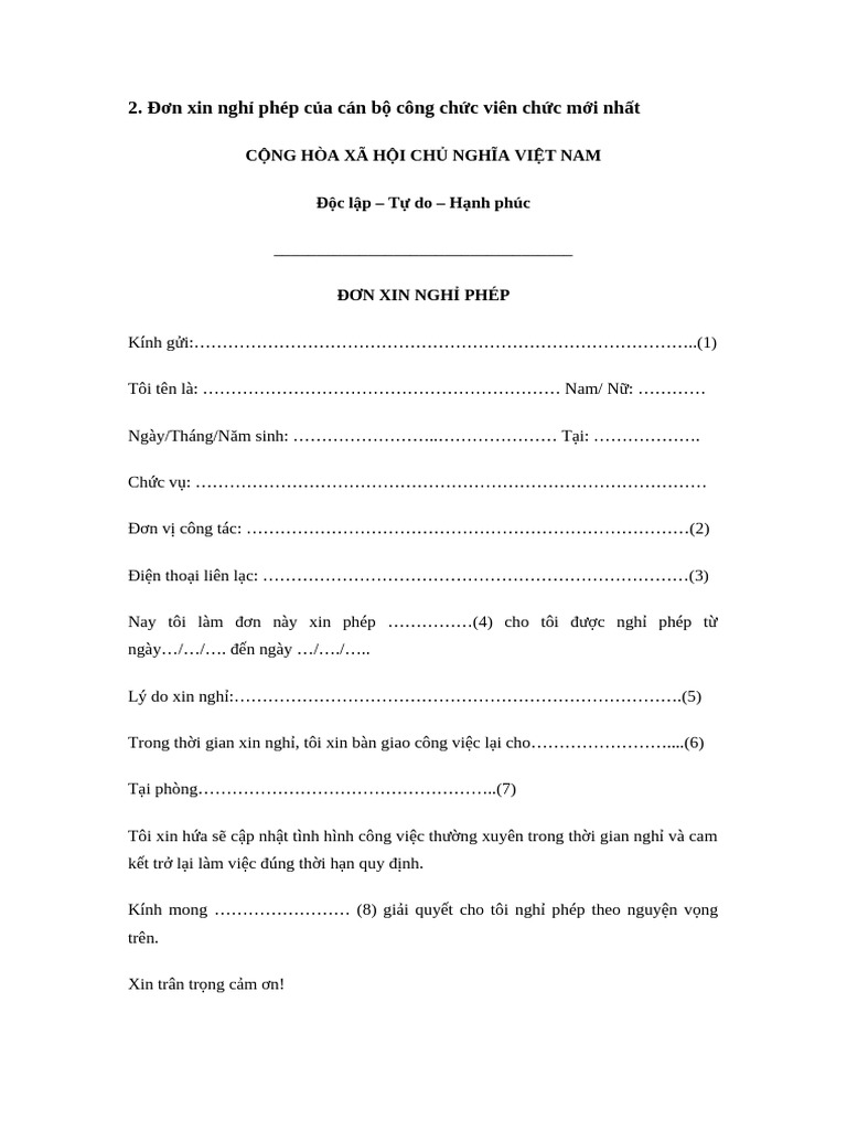Mau Don Xin Nghi Phep Cua Can Bo Cong Chuc Vien Chuc | PDF
