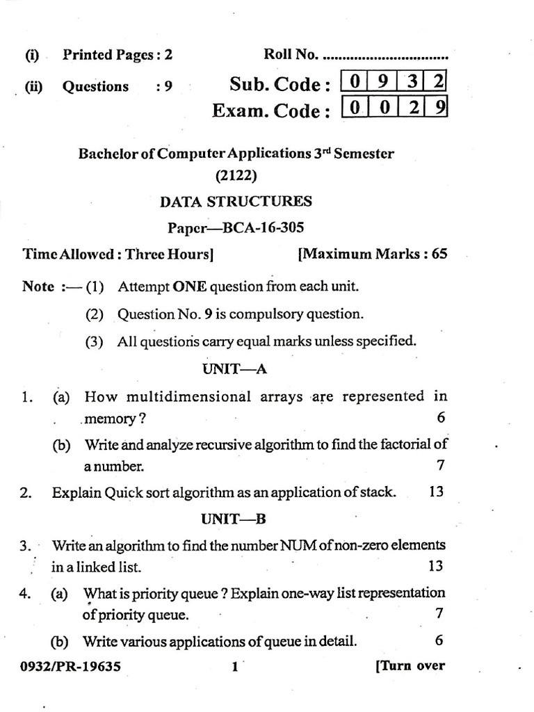 BCA - 3rd Sem - BCA-16-305 - Data Structures - December 2022 | PDF