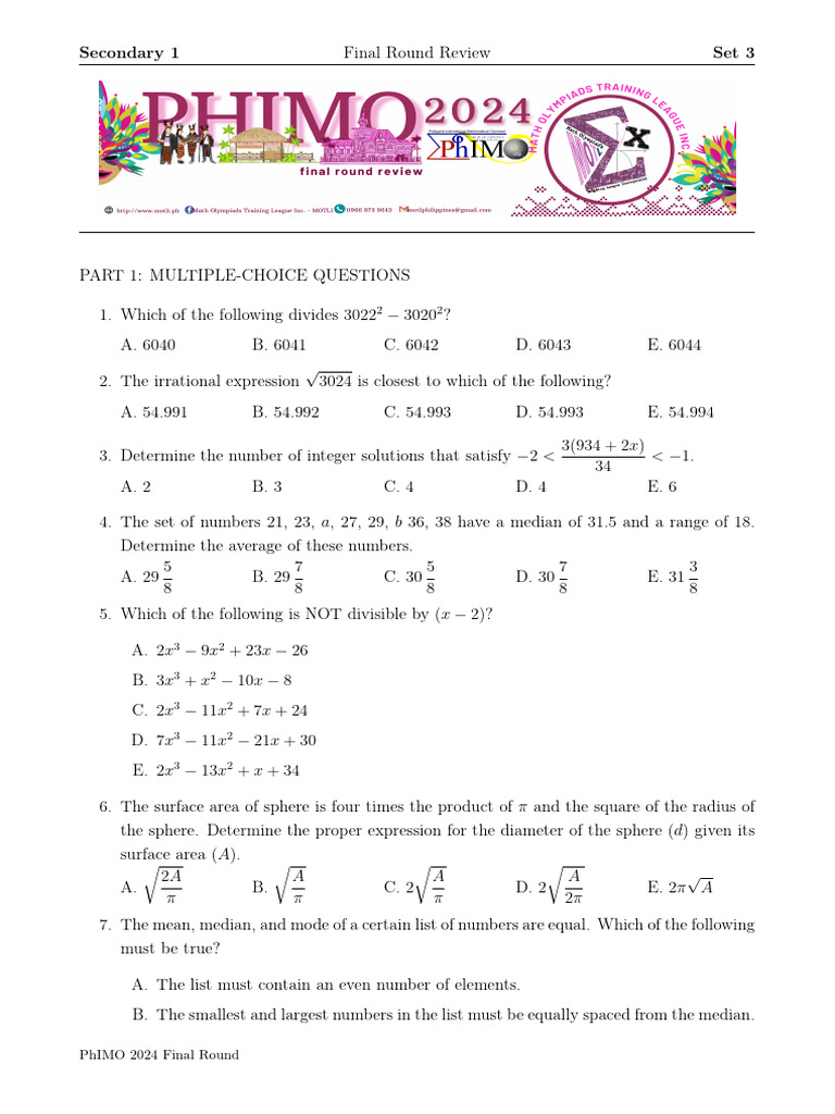 PhIMO 2024 FRR S1 Set 3 | PDF | Mathematics | Numbers