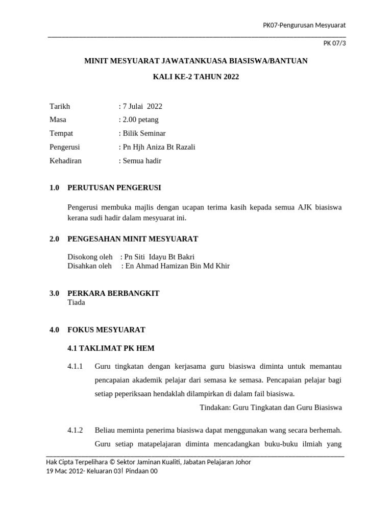 Minit Mesyuarat Bil 2 BKP 2022 | PDF