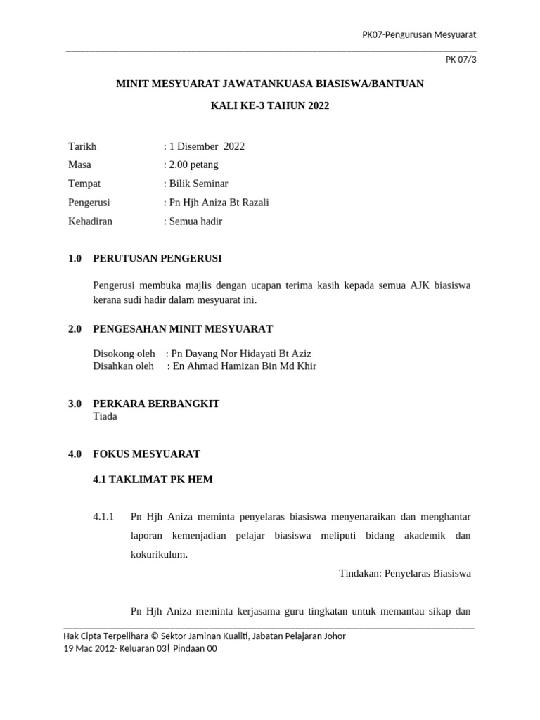 Minit Mesyuarat Bil 3 BKP 2022 | PDF