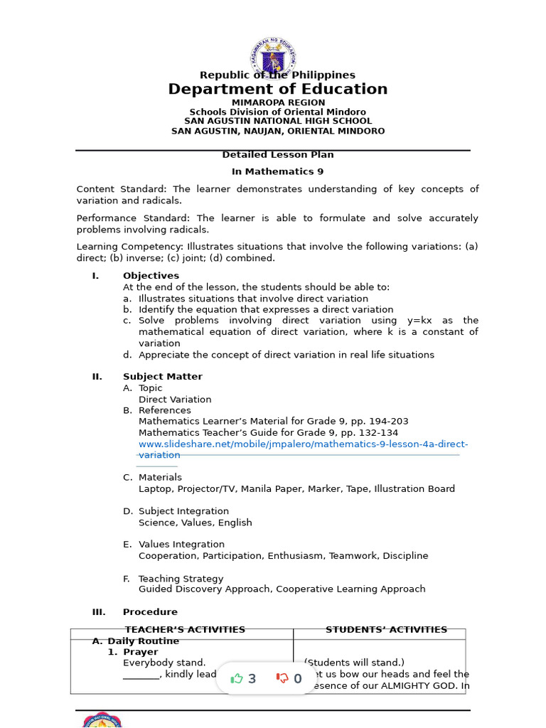 Detailed Lesson Plan Math 9 | PDF | Mathematics | Lesson Plan