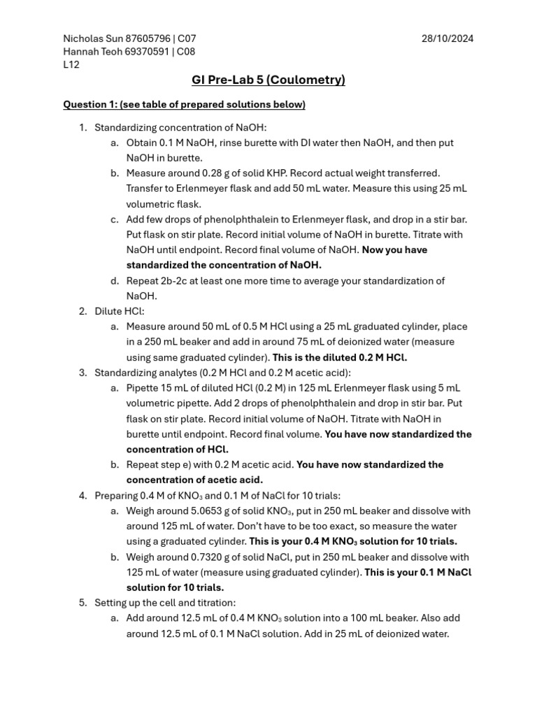 GI Pre-Lab 5 | PDF | Titration | Chemistry