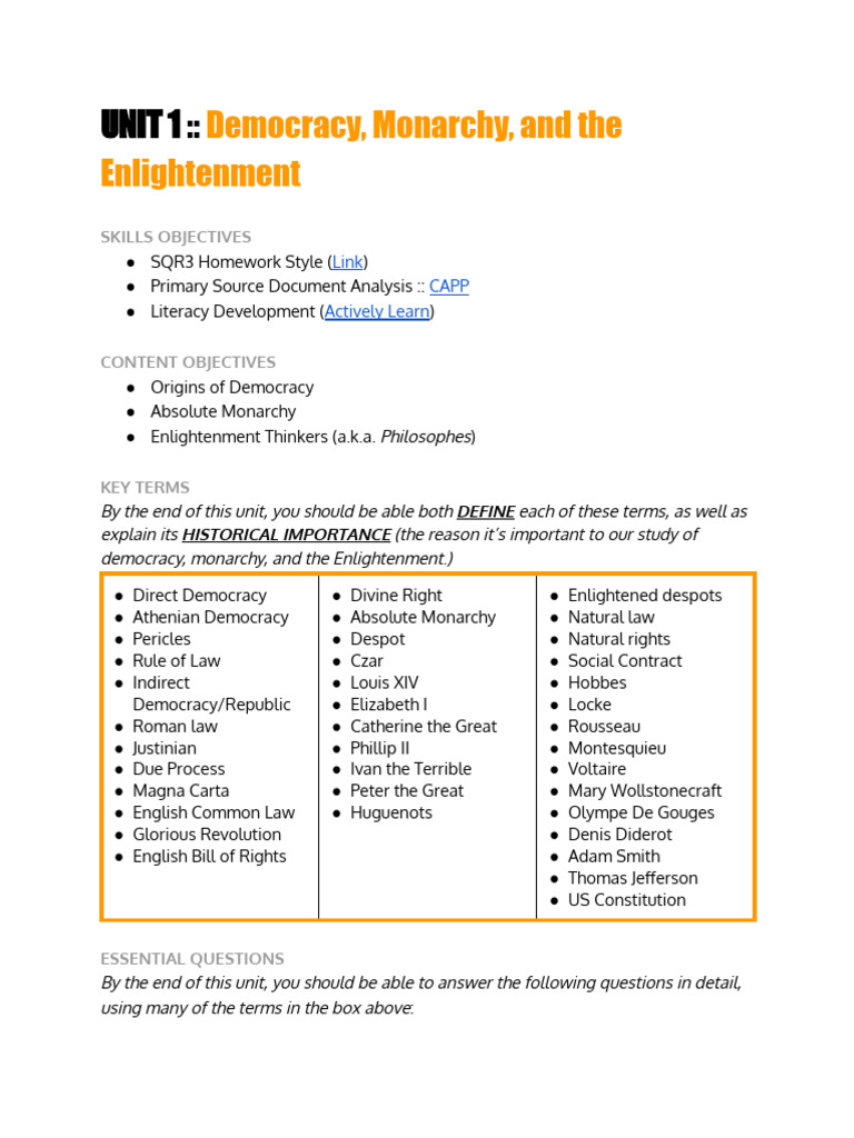 UNIT 1: Democracy, Monarchy, and The Enlightenment | PDF | Democracy ...