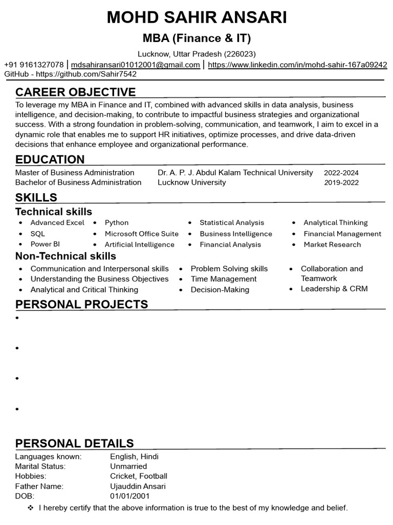 Resume For MBA Freshers | PDF | Computing | Cognition