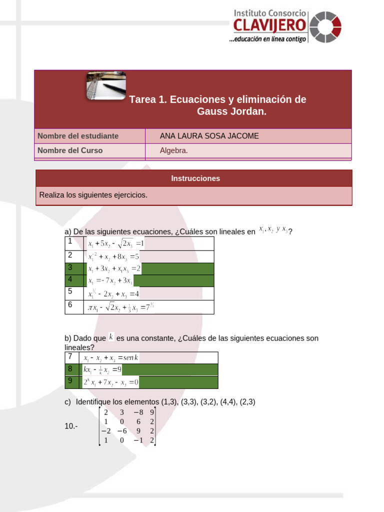 Tarera 1ana Sosa | PDF | Álgebra lineal | Matemáticas De La Computación