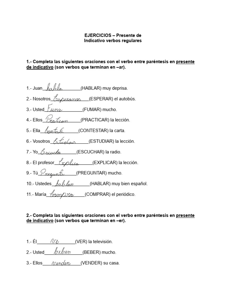 Ejercicios de Presente de Indicativo | PDF