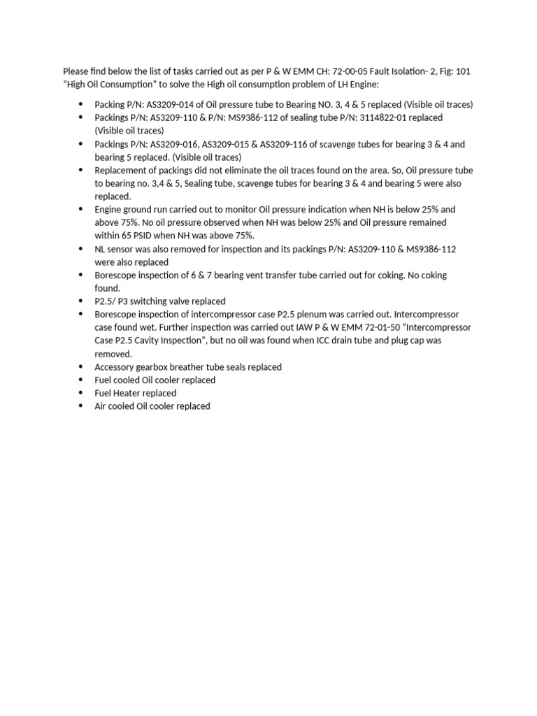 High Oil Consumption Rectification Tasks | PDF