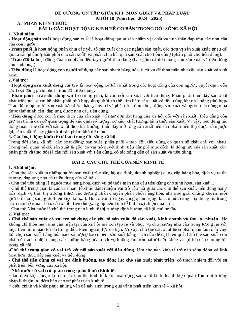 2024-2025đề Cương Ôn Tập Giữa Kỳ i Khối 10 Môn Gdkt&Pl | PDF