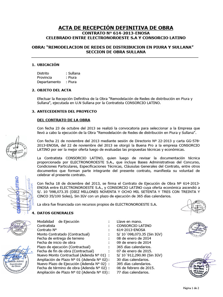 Acta de Recepción Definitiva de Obra - Frente Sullana (Ok) | PDF | Conceptos legales | Derecho ...