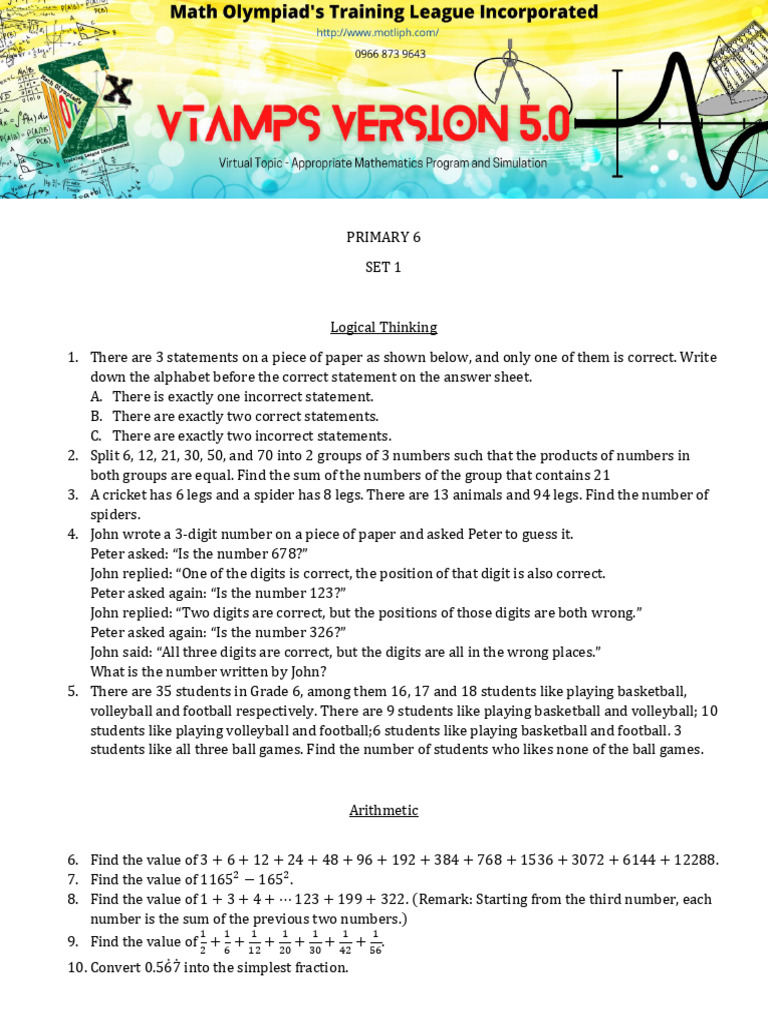 VTAMPS 5.0 Primary 6 Set 1 | PDF | Numbers | Area