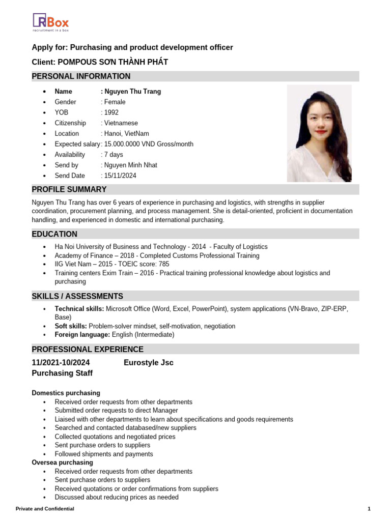 CV Nguyen Thu Phuong - Purchasing and Product Development Officer - POMPOUS SƠN THÀNH PHÁT | PDF ...