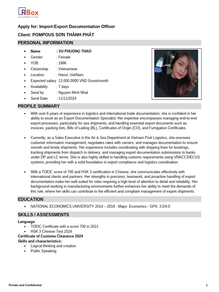 CV VU PHUONG THAO - Import-Export Documentation Officer - POMPOUS SƠN THÀNH PHÁT | PDF | Cargo ...