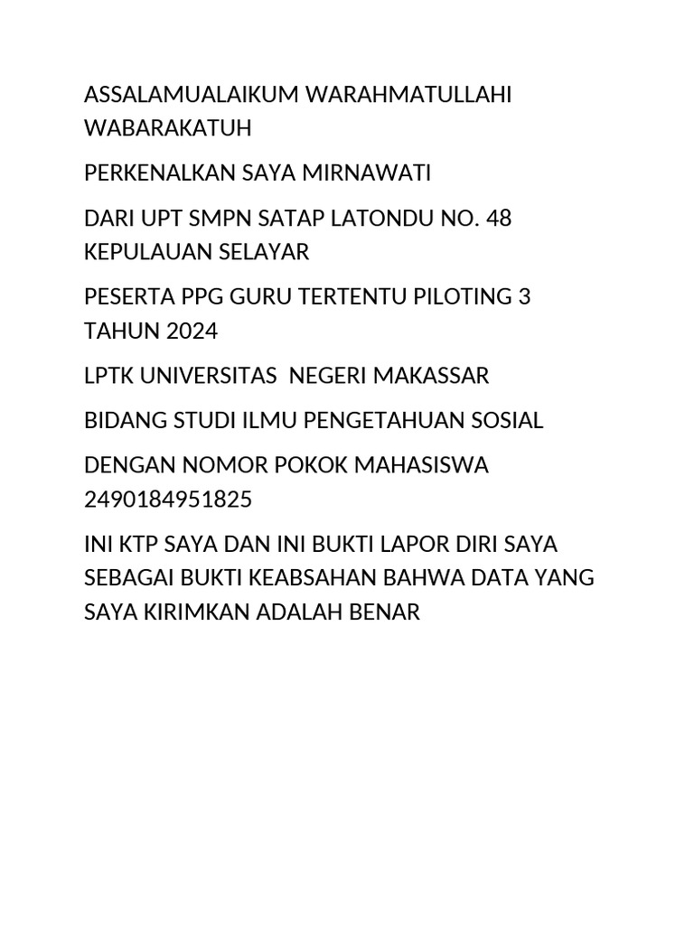 Profil Mirnawati: Peserta PPG 2024 IPS | PDF