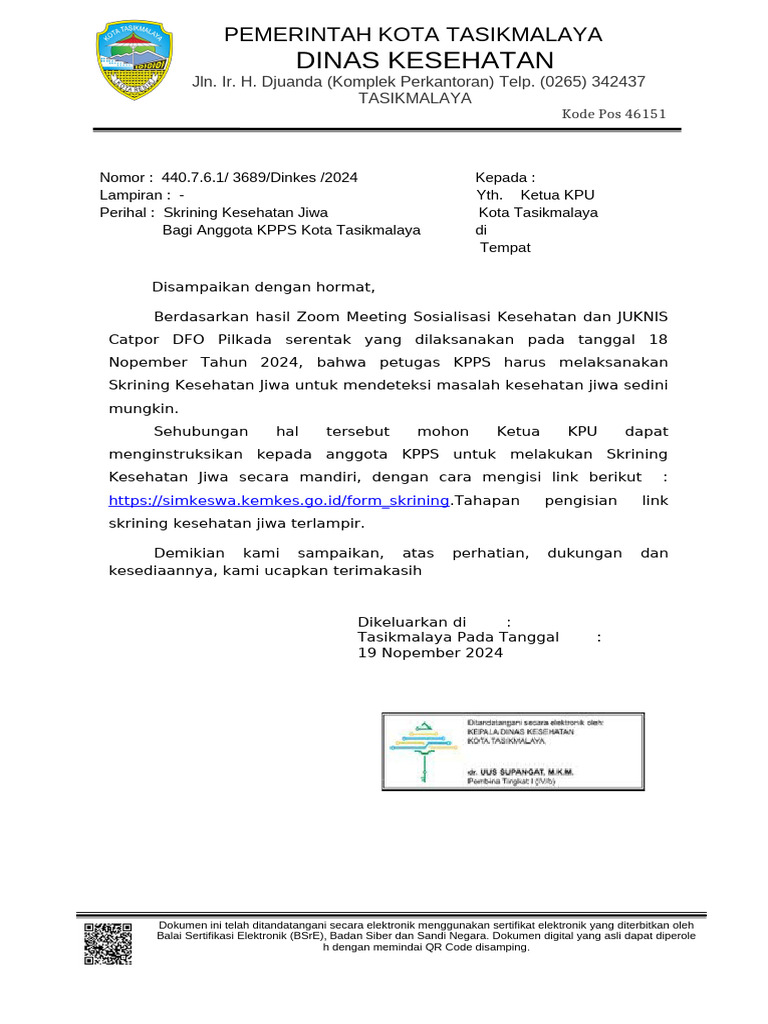 Surat Edaran Skrining Kesehatan Jiwa Bagi Anggota KPPS Draft | PDF