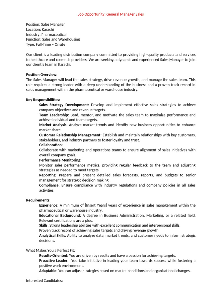 Job Opportunity GM Sales | PDF | Sales | Leadership
