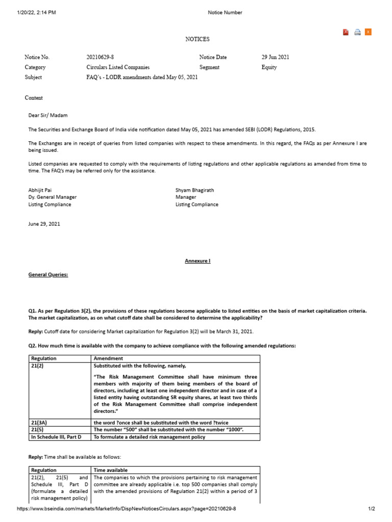 Faq On Sebi Lodr - 05-05-2021 - Bse | PDF | Business | Government
