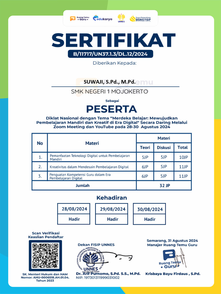 1 Agustus 2024 Sertifikat Diklat Nasional 32 JP | PDF