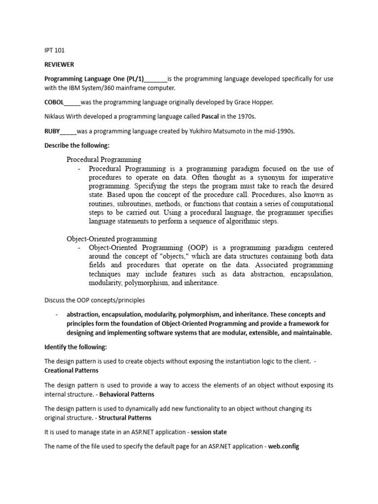 Midterm-Reviewer Ipt | PDF | Object Oriented Programming | Computer ...