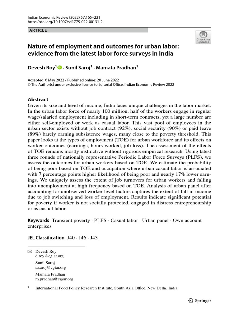 Nature of Employment and Outcomes For Urban Labor: Evidence From The ...