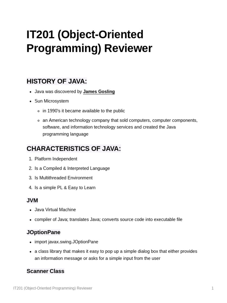 IT201 Object-Oriented Programming Reviewer | PDF | Java (Programming ... IT201 Object-Oriented Programming Reviewer | PDF | Java (Programming ...