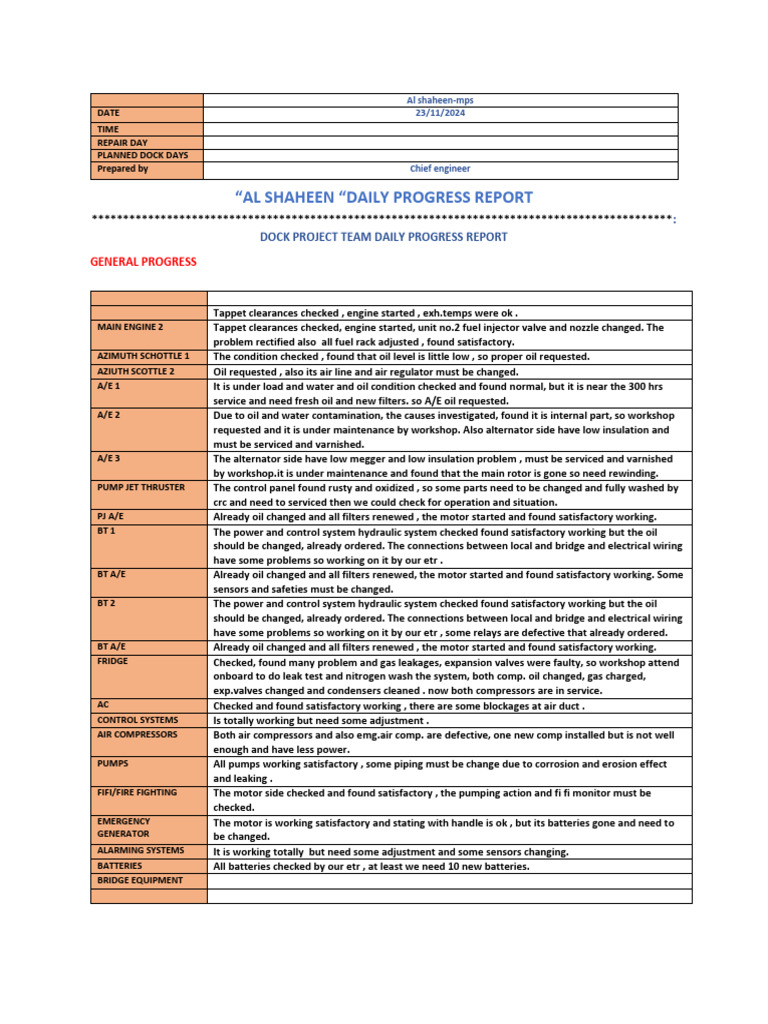 D.dock Daily Engine Side Progress Report - Copy | PDF | Gas ...