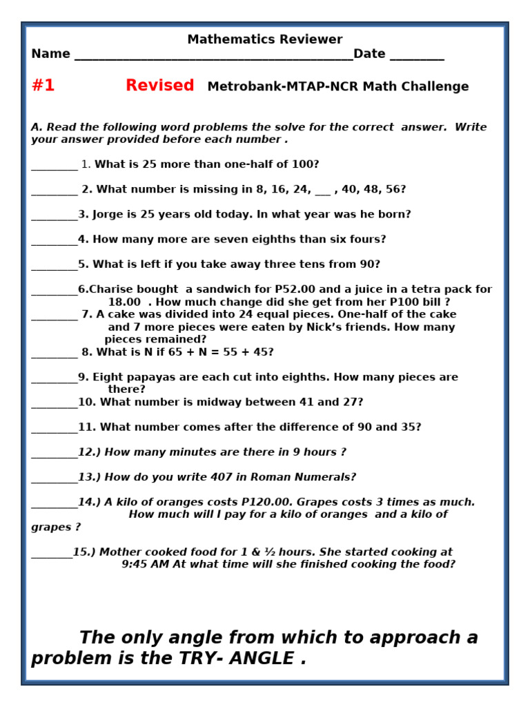 Grade 1 MTAP Math Reviewer with Answers | PDF