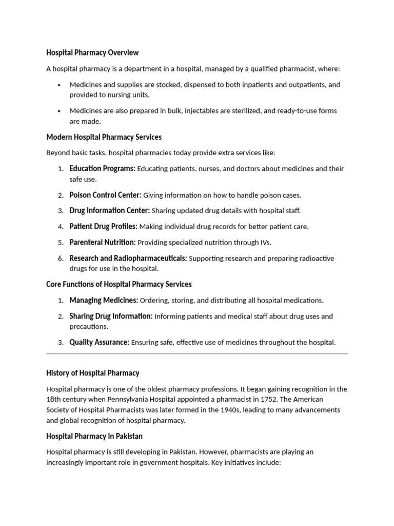 Hospital Pharmacy Services Explained | PDF | Pharmacy | Medical Imaging