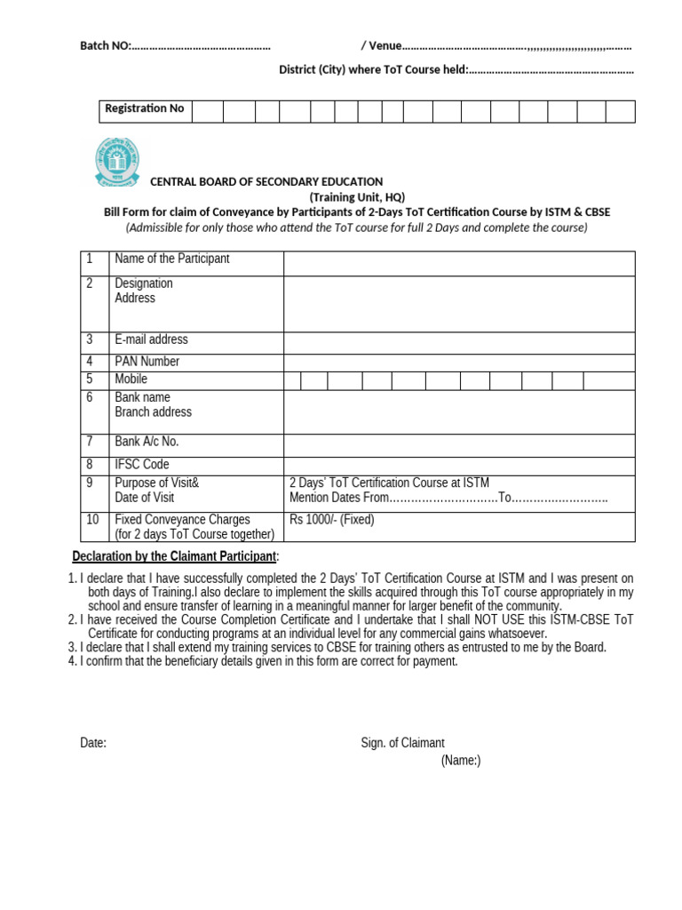 Conveyance Claim From For ToT Course Completion-1 | PDF | Business