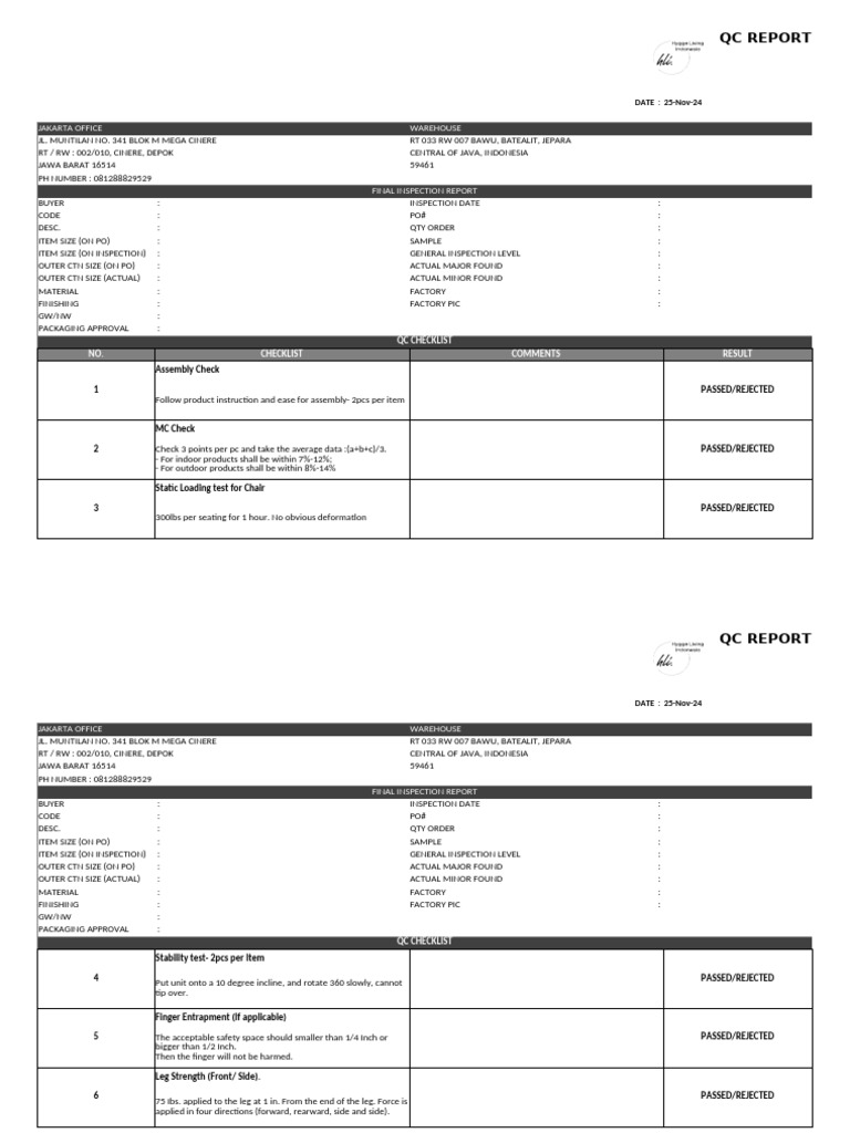 Jakarta QC Final Inspection Report | PDF