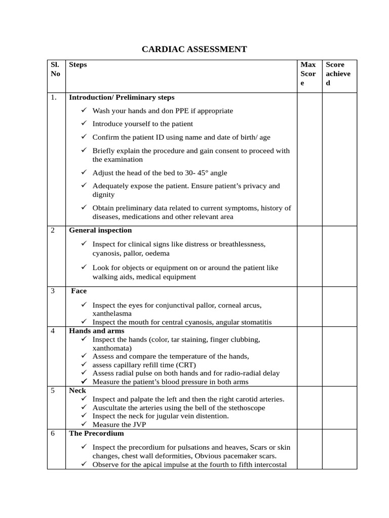 Cardiac Assessment: Sl. No Steps Max Scor e Score Achieve D ...