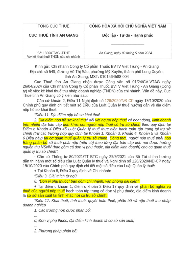 Công văn 1306CTAGI-TTHT của Cục Thuế tỉnh An Giang kê khai thuế TNDN ...