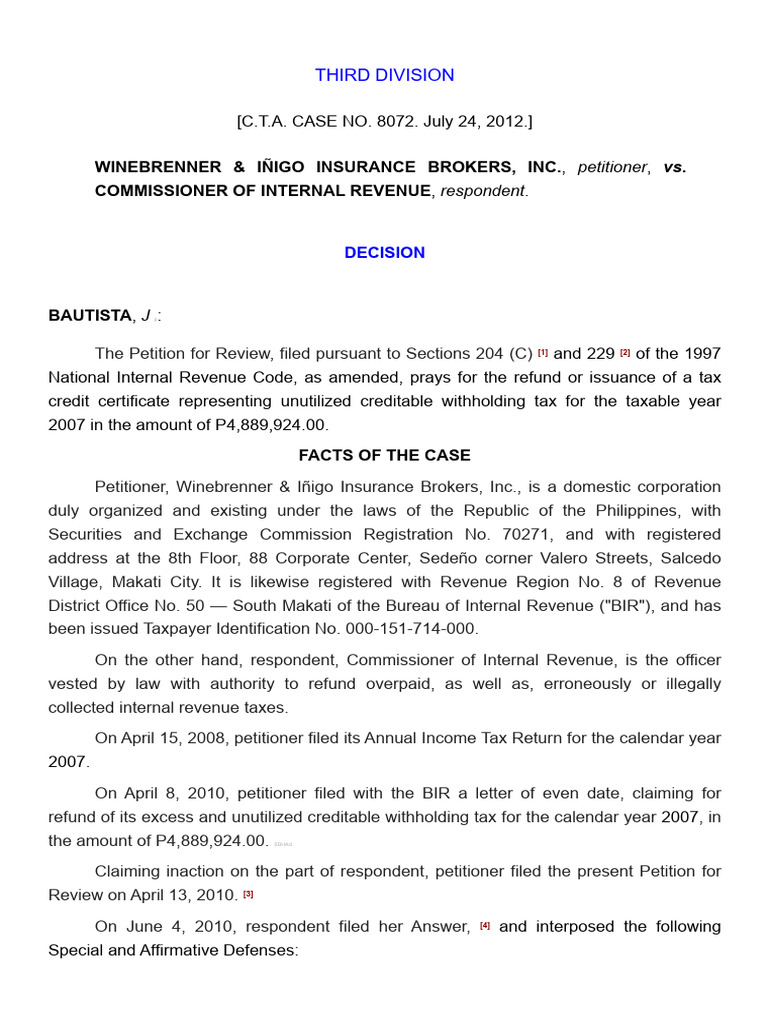 C.T.A. Case No. 8072 - WINEBRENNER & IÑIGO INSURANCE BROKERS, INC ...