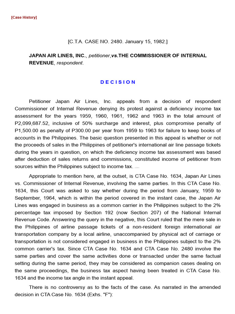 C.T.A. Case No. 2480 - Japan Air Lines, Inc. v. Commissioner of Internal Revenue | PDF | Gross ...