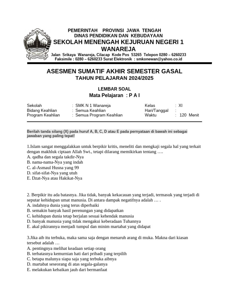 Soal Asas SMTR Ganjil Pai Kls .Xi 24-25 (Athar) | PDF | Agama & Spiritualitas