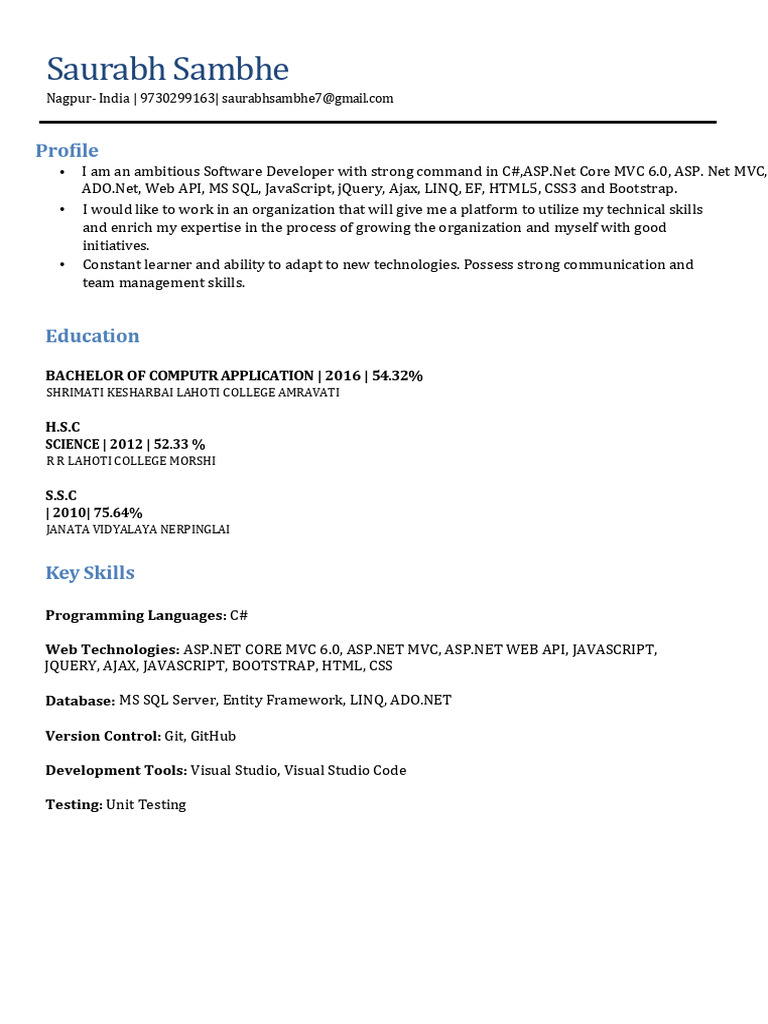 Software Developer Resume - Saurabh Sambhe | PDF | J Query | Language Integrated Query