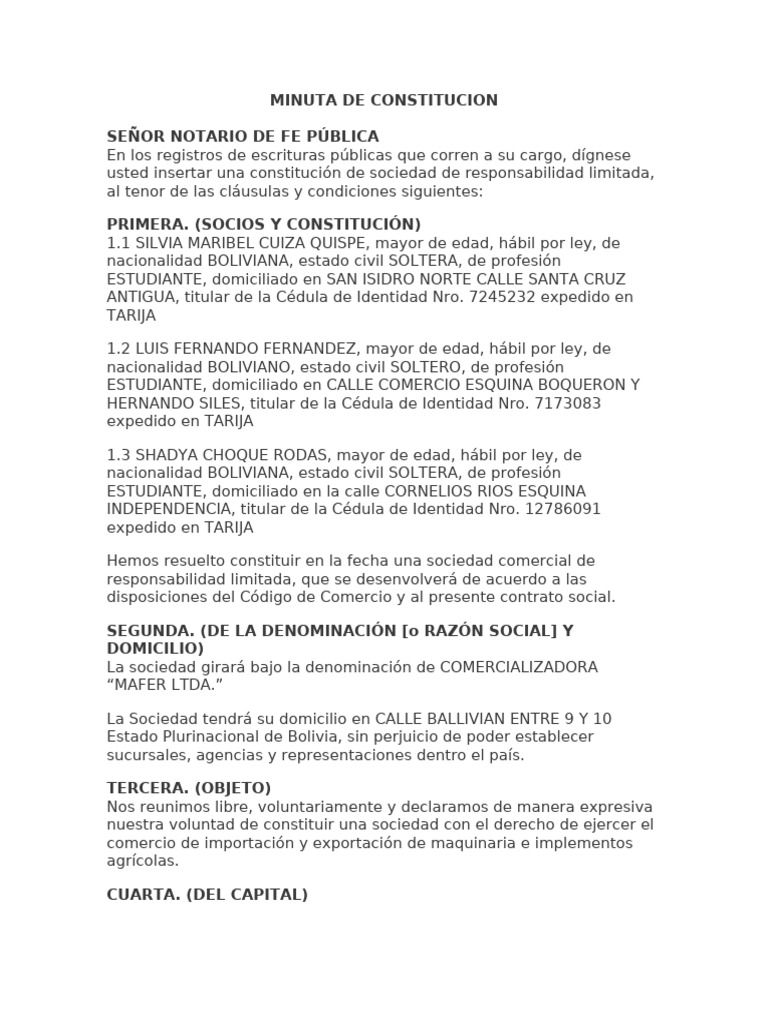 MINUTA DE CONSTITUCION 2 TPTALIZADO TITULO | PDF | Bolivia