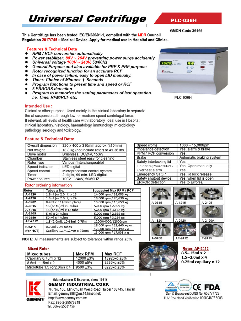 Universal Centrifuge PLC-036H Specs | PDF | Centrifuge | Electrical Engineering