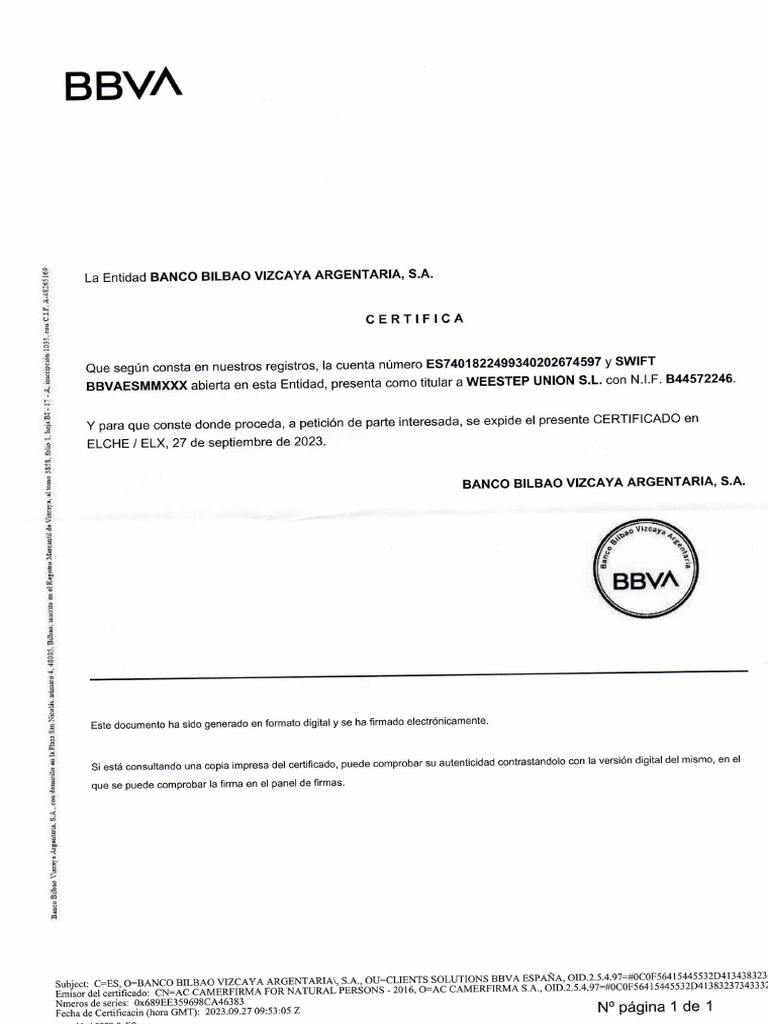 Certificado Cuenta Bancaria BBVA | PDF