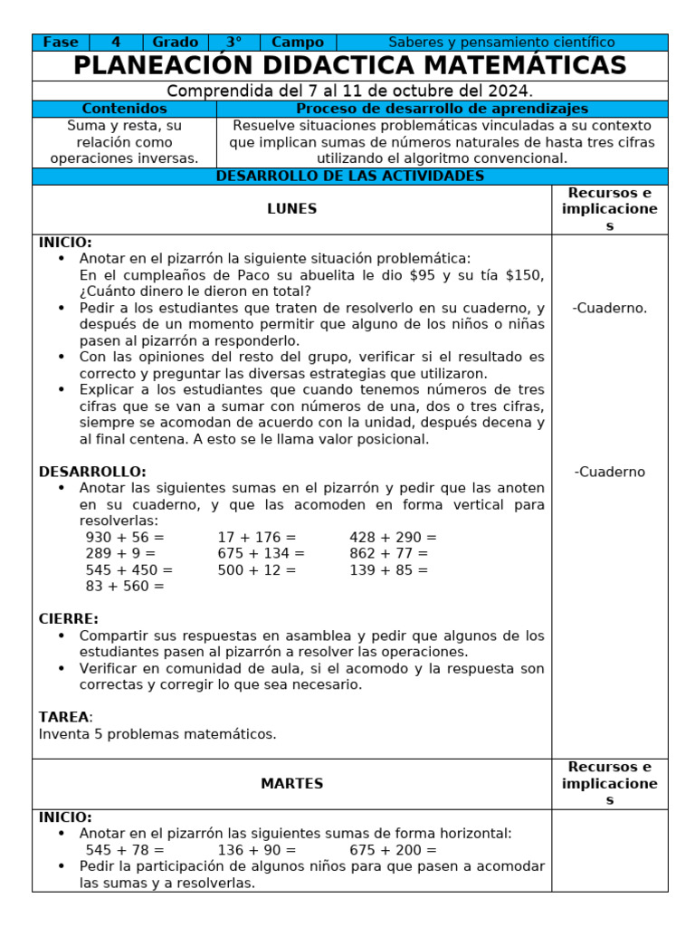 Planeación Matemáticas Semana 6 Tercer Grado Pronalees Xochitl Cruz ...